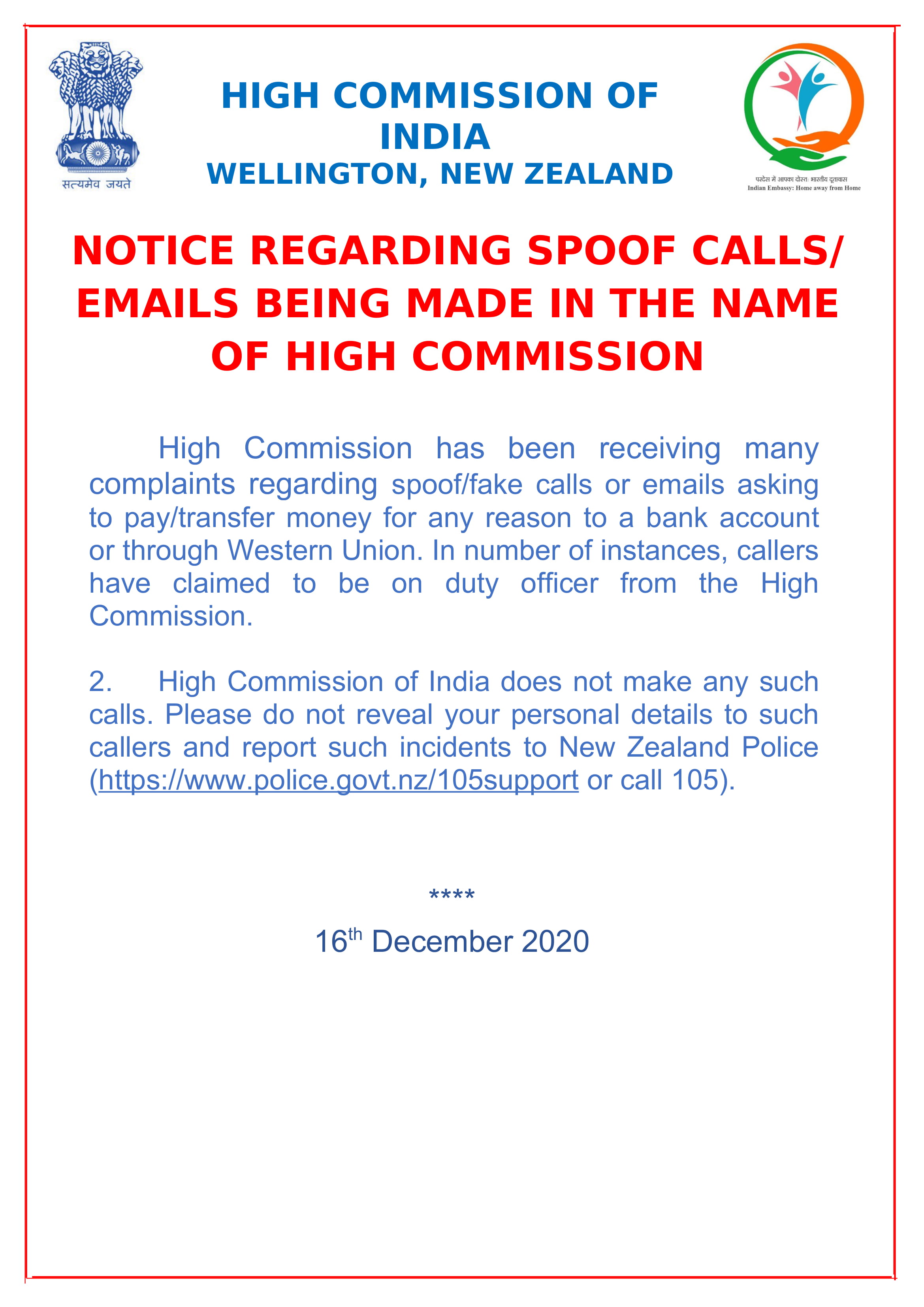 Spoof calls/emails - Press Releases | High Commission of India ...