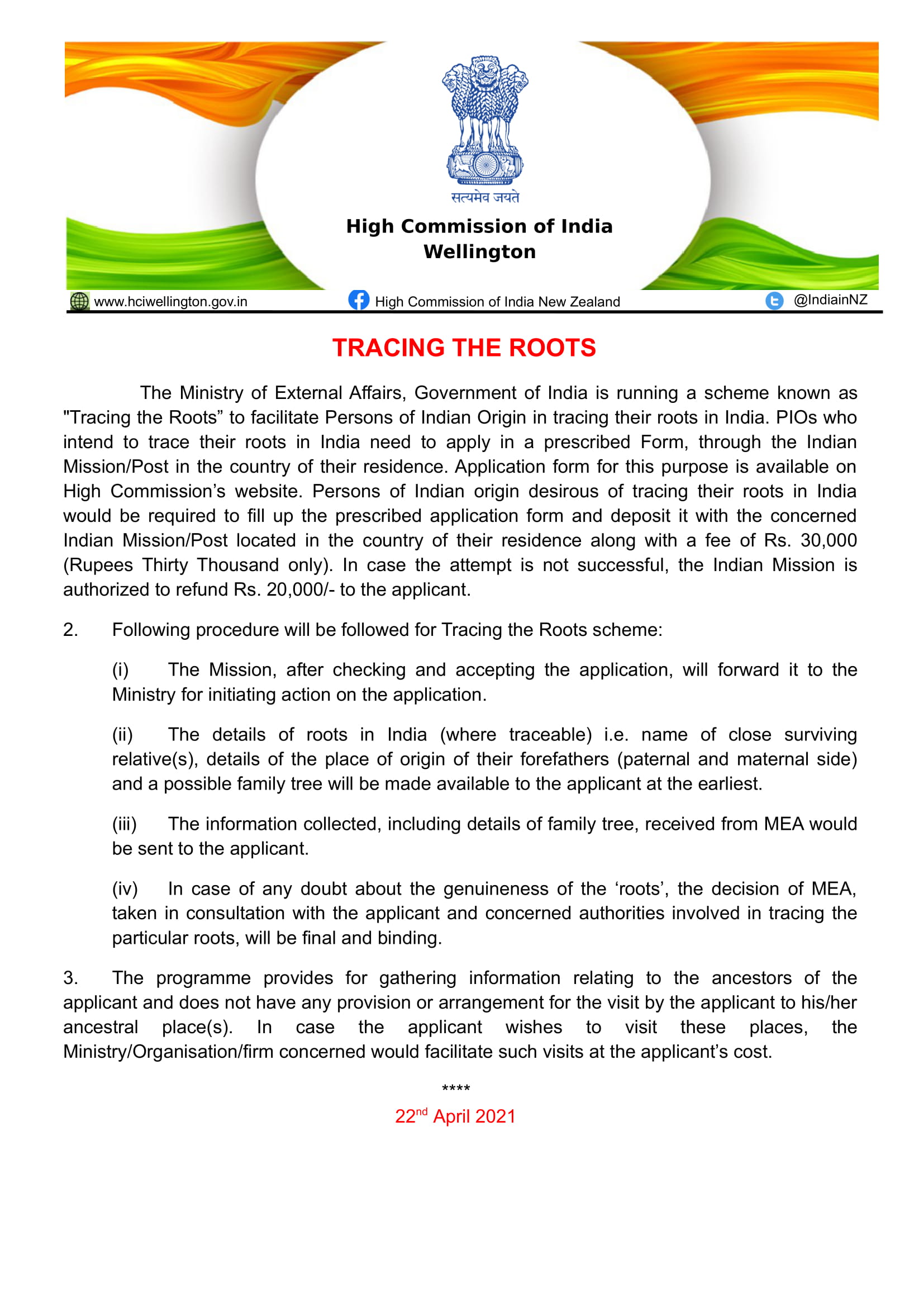 Tracing the Roots - Press Releases | High Commission of India ...